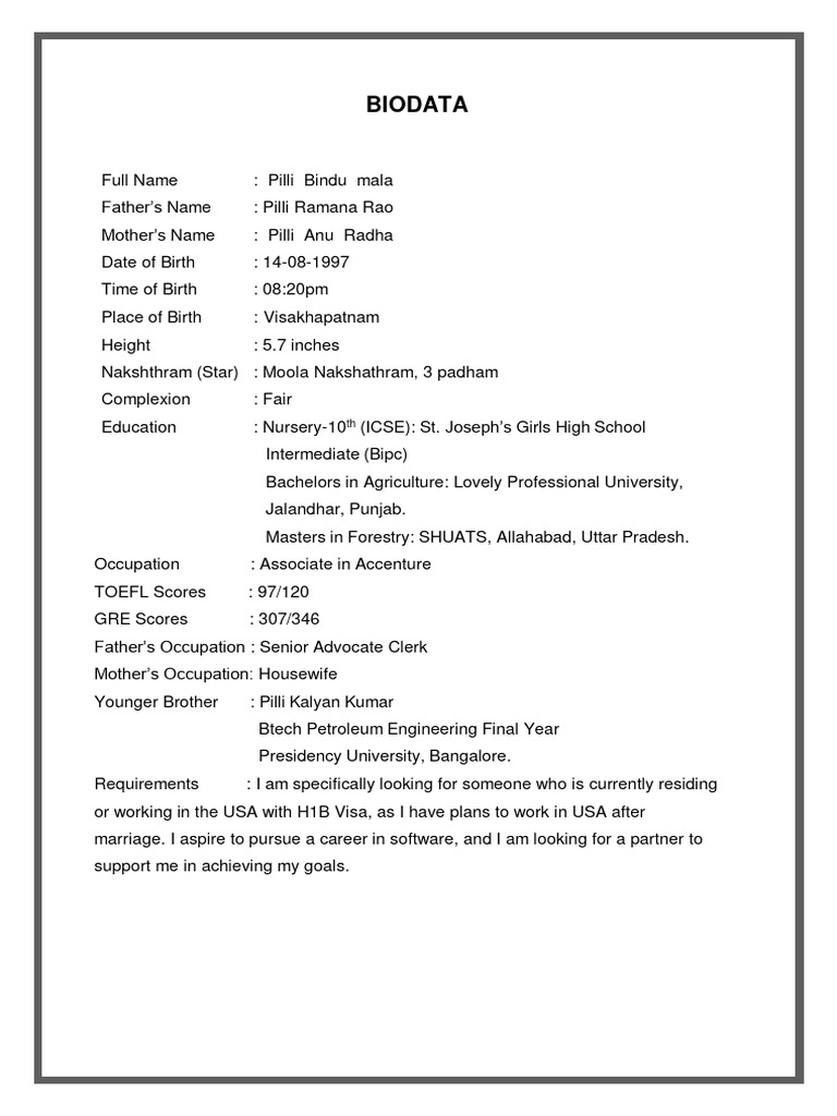 Bindu's Biodata | PDF | Wellness | Career & Growth