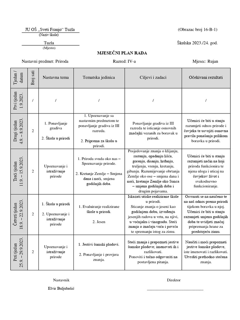 Priroda - Mjesečni Plan Za Rujan 2023. - IV.a | PDF