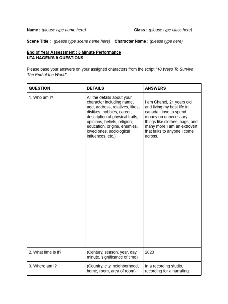 Jeanne Lim Li Wen - Uta Hagen Worksheet | PDF