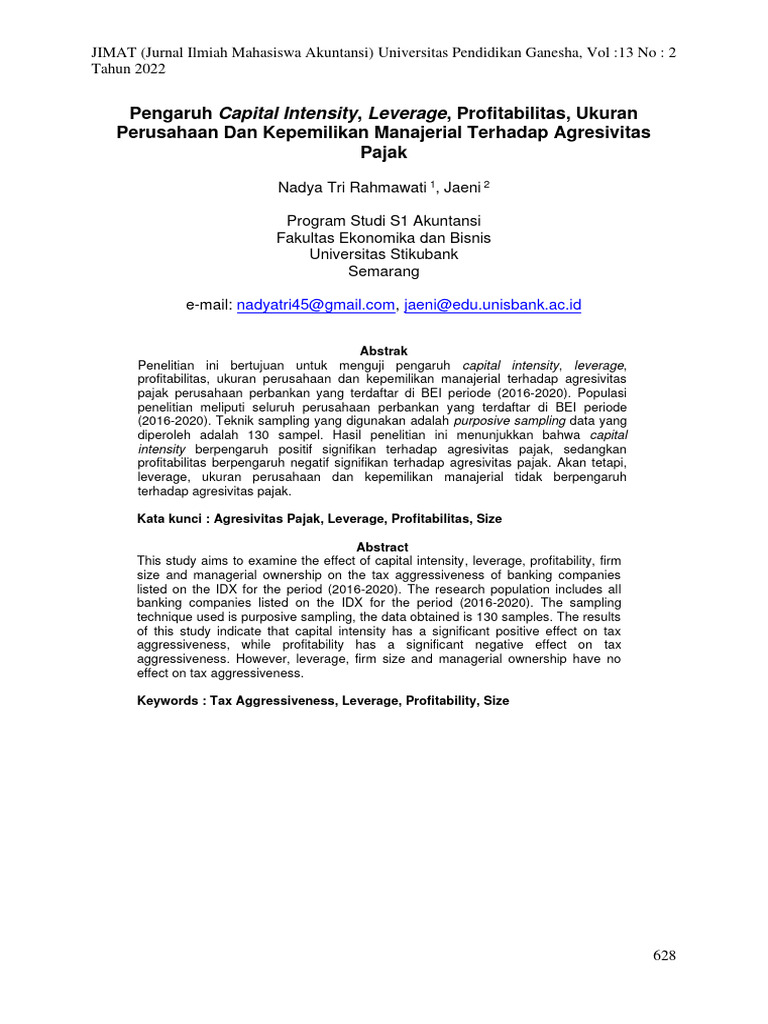 Pengaruh Capital Intensity, Leverage, Profitabilitas, Ukuran Perusahaan Dan Kepemilikan ...