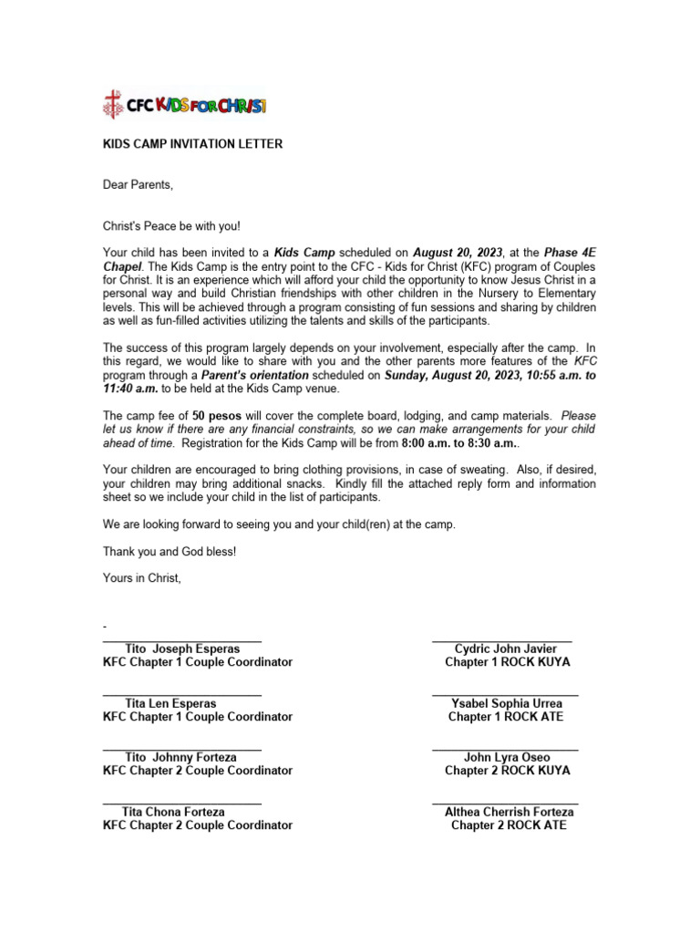 Kids Camp Invitation Letter With Consent Form | PDF | Jesus