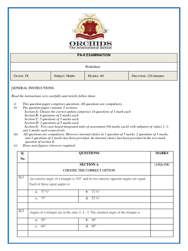 Grade 9 Math PA2 Worksheet | PDF | Triangle | Angle