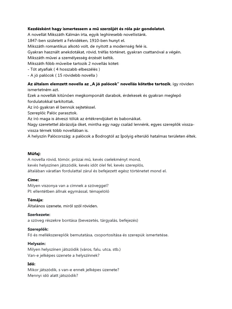 Novellaelemzés Sablon | PDF