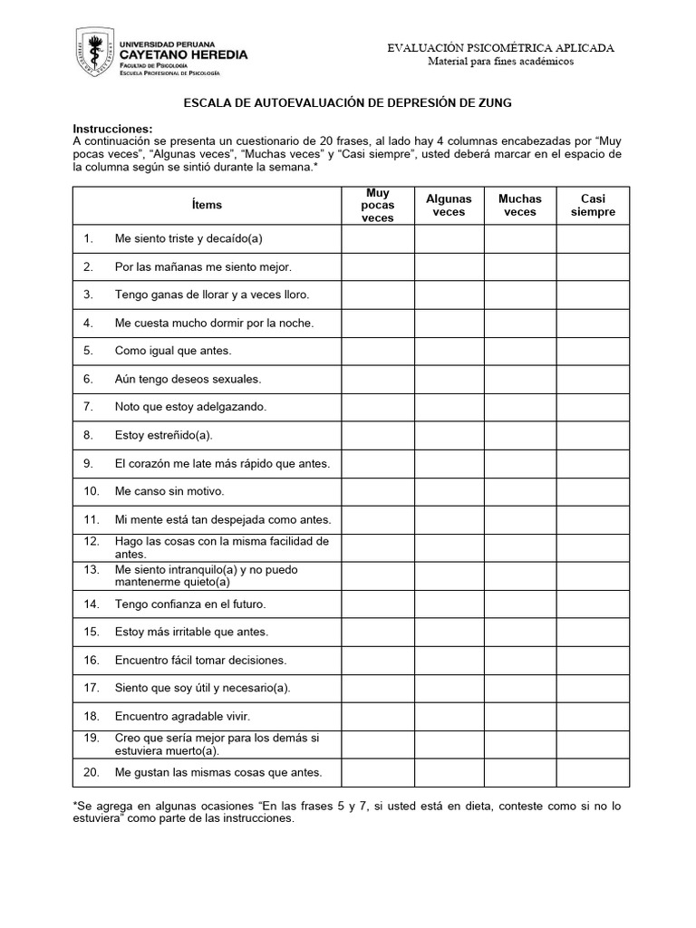 Escala de Autoevaluación de Depresión de Zung | PDF