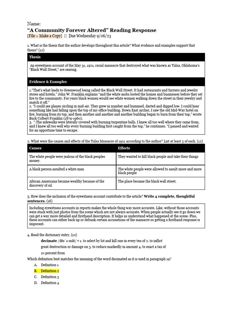 A Community... - Reading Response | PDF