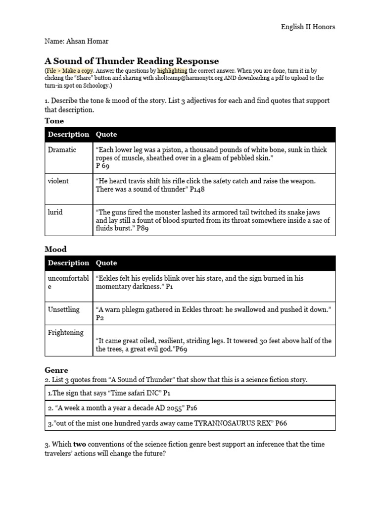 A Sound of Thunder - Reading Response A | PDF | Plot (Narrative ...