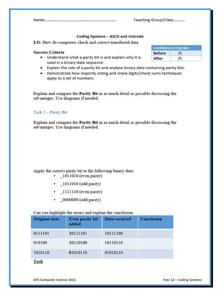 01 Worksheet Error Checking New | PDF | Computer Architecture | Encodings
