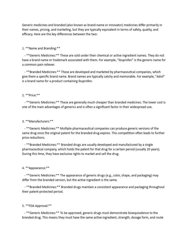 Generic Vs Branded Medicines | PDF | Generic Drug | Food And Drug ...