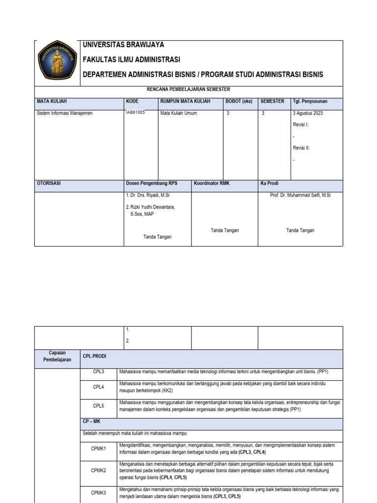 RPS OBE Sistem Informasi Manajemen 2023 | PDF
