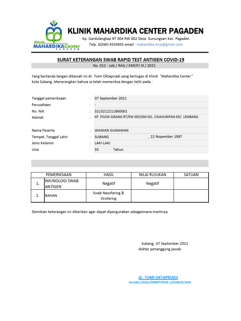 Surat Keterangan Swab Antigen | PDF