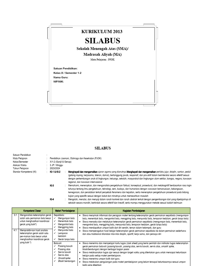 Silabus PJOK Kls 10 | PDF