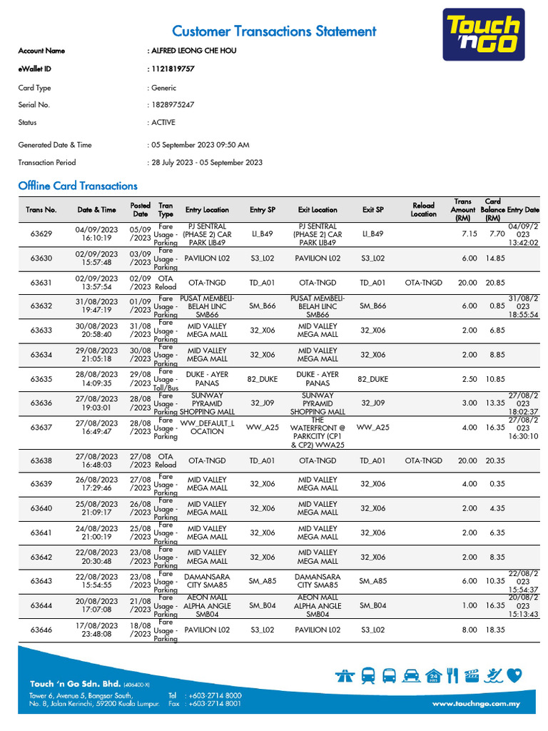 Mid Valley Touch 'n Go Transactions | PDF | Transport