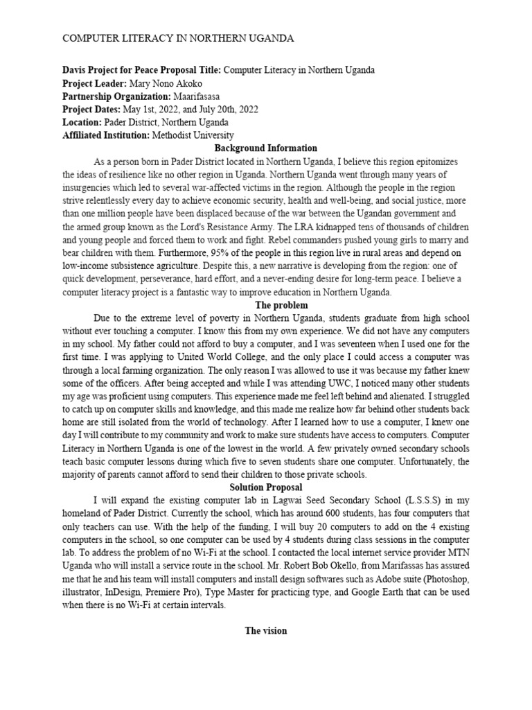 COMPUTER LITERACY IN NORTHERN UGANDA (Proposal) | PDF | Lord's Resistance Army | Uganda