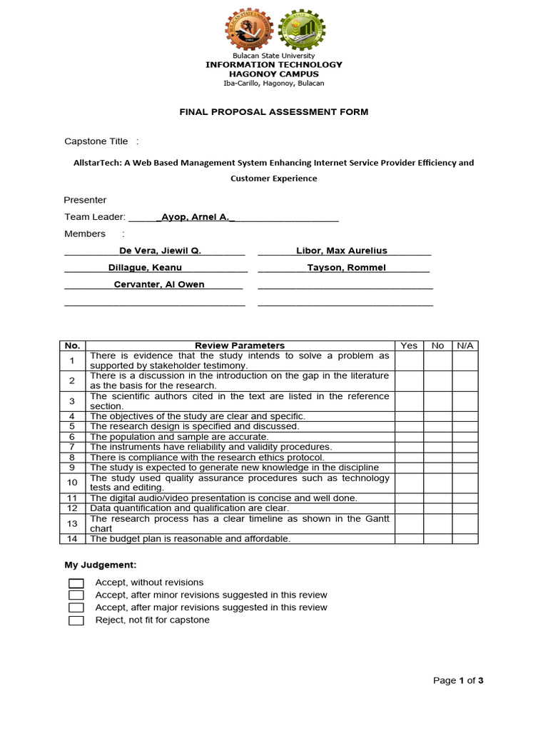 Capstone Final Proposal Form and Rubrics | PDF | Rubric (Academic ...