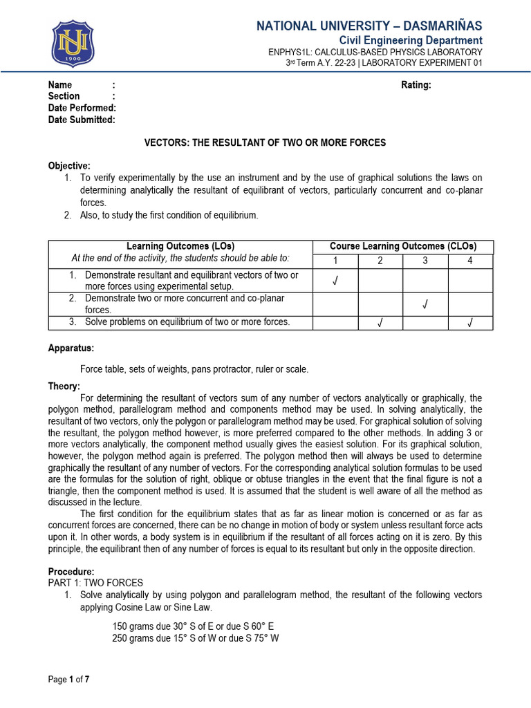 Enphys1l E1 | PDF | Force | Euclidean Vector