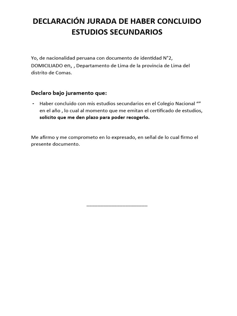 Declaración Jurada de Haber Concluido Estudios Secundarios | PDF