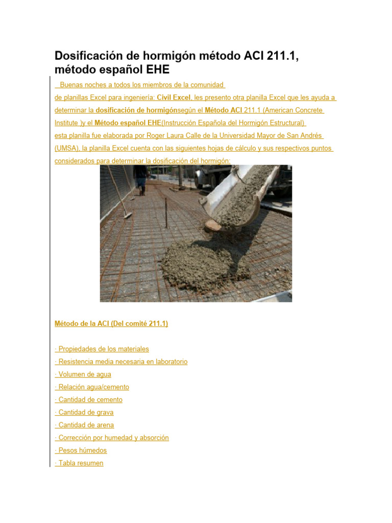 Dosificación de Hormigón Método ACI 211 | PDF | Tecnología