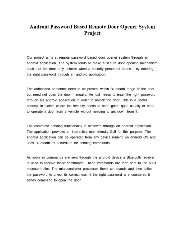 Android Password Based Remote Door Opener System Project | PDF