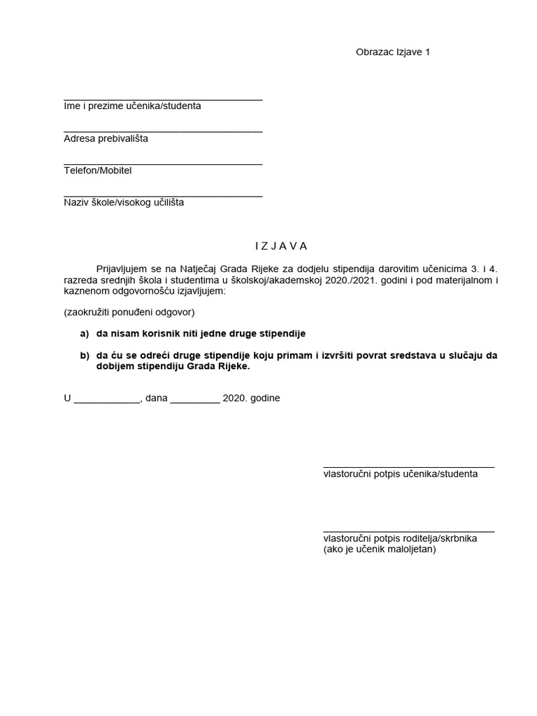 Izjava Da Nije Korisnik Niti Jedne Druge Stipendije | PDF