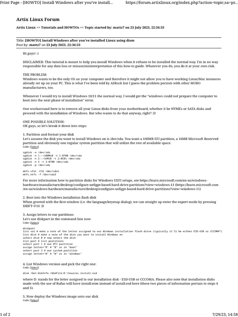 Print Page - (HOWTO) Install Windows After You've Installed Linux Using Dism | PDF | Microsoft ...