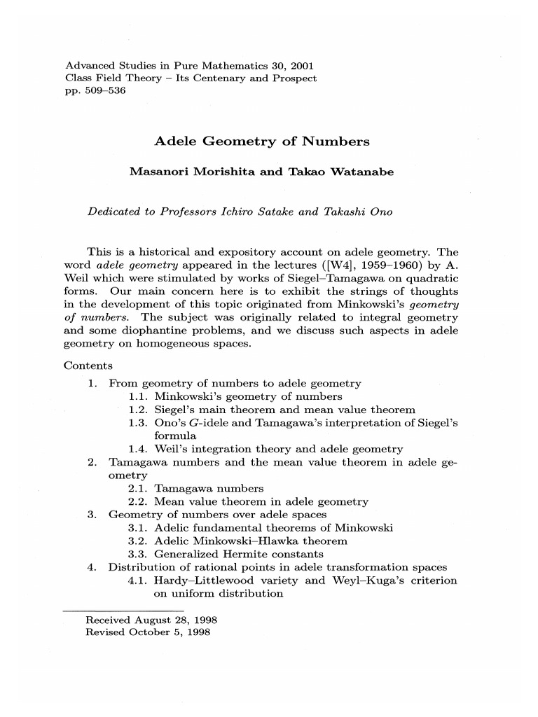 Adele Geometry of Numbers: Masanori Morishita and Takao Watanabe | PDF | Geometry | Function ...