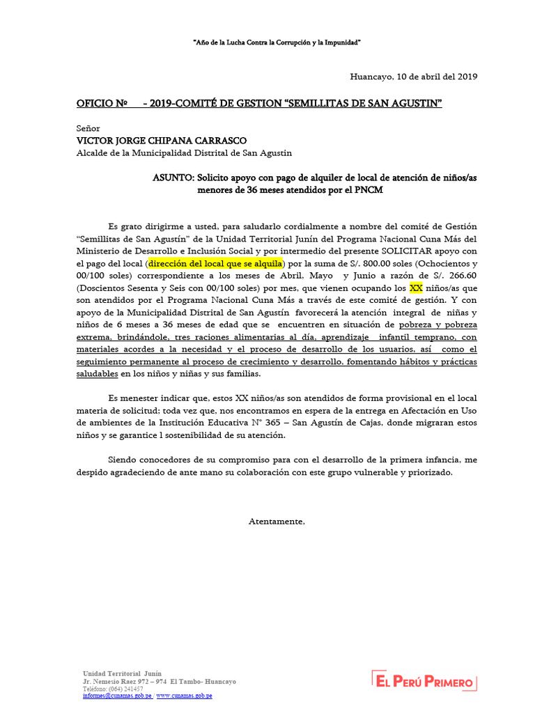 Solicitud de apoyo para alquiler de local | PDF | Ciencias sociales ...
