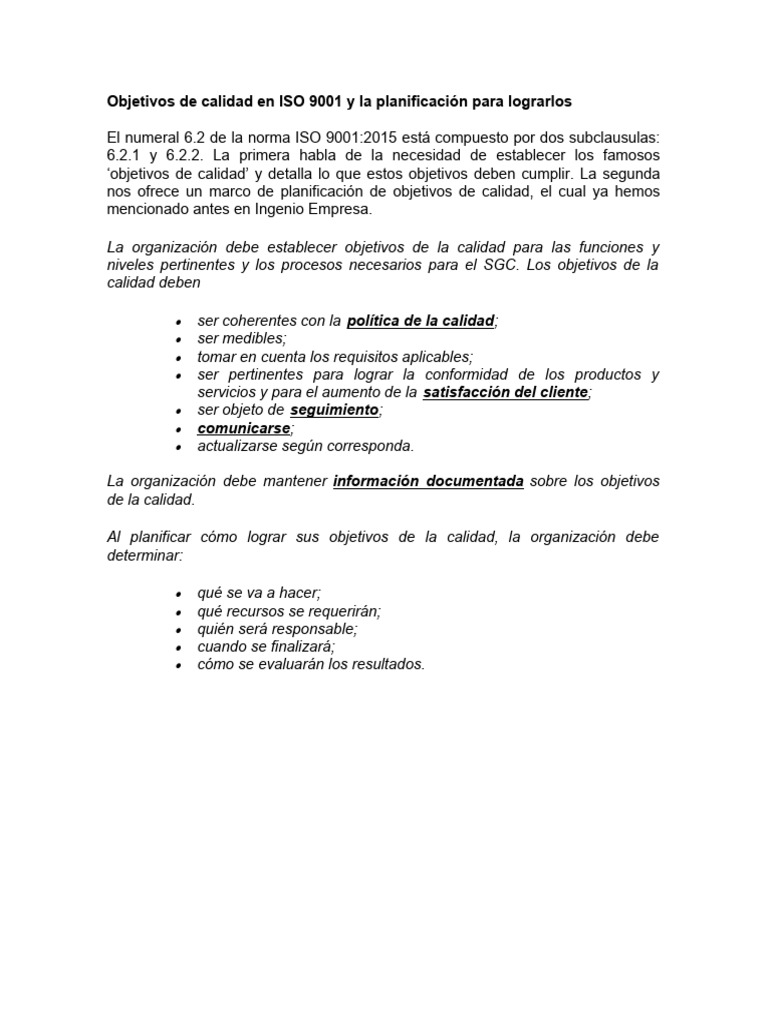 Objetivos de calidad en ISO 9001 y la planificación para lograrlos | PDF