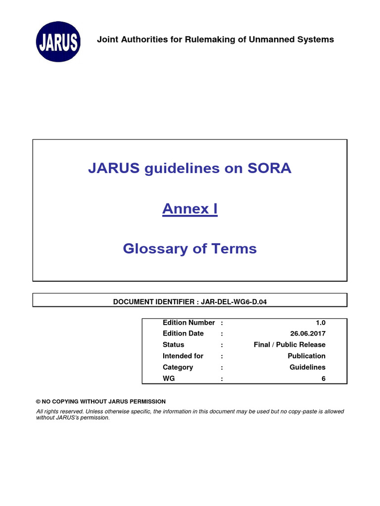 JARUS Sora Annex I v1.0 | PDF | Risk | Unmanned Aerial Vehicle
