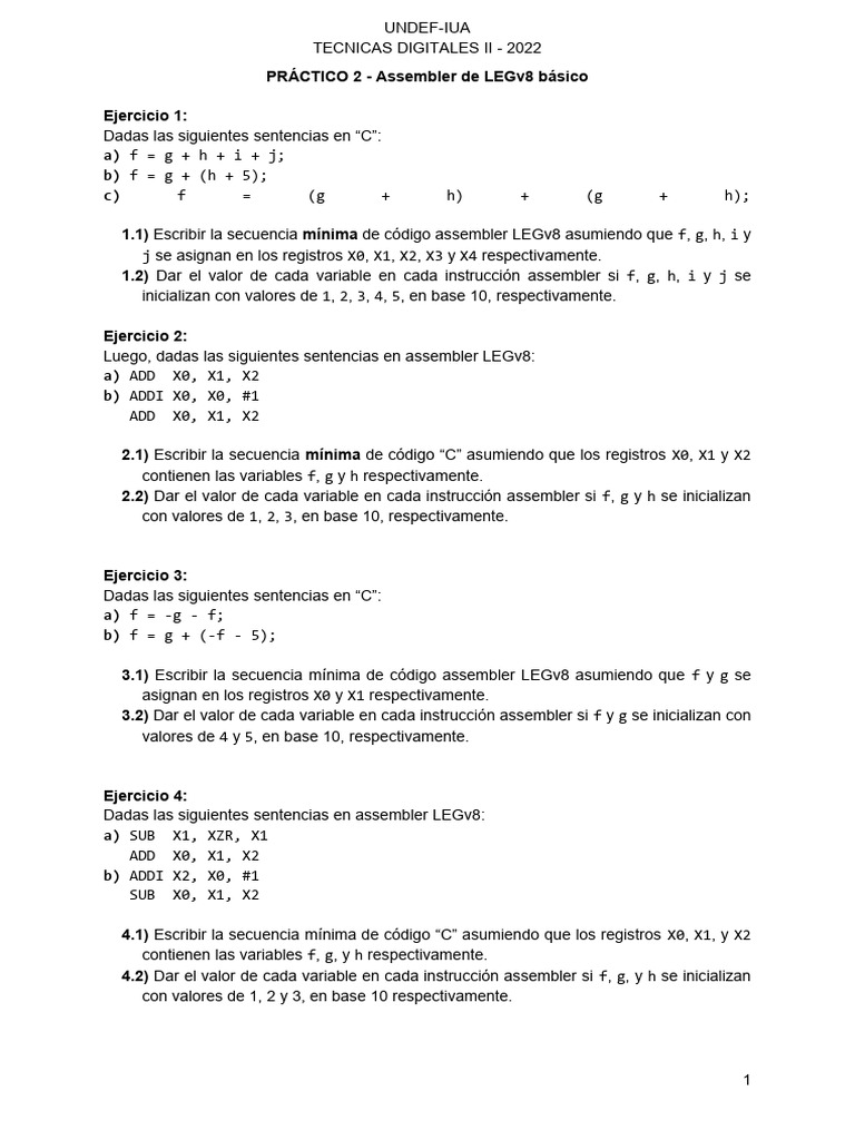 Assembler LEGv8: Ejercicios Prácticos | PDF | Lenguaje ensamblador | Ingeniería de software