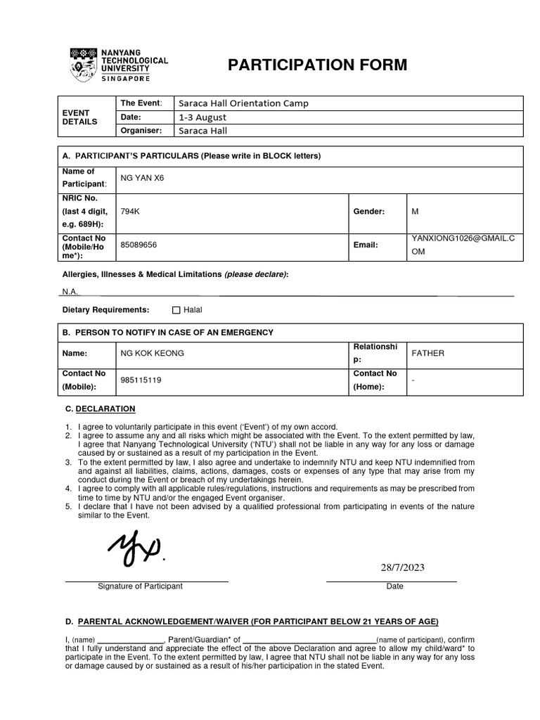 Participation Form For Freshmen Orientation | PDF | Civil Law (Legal ...
