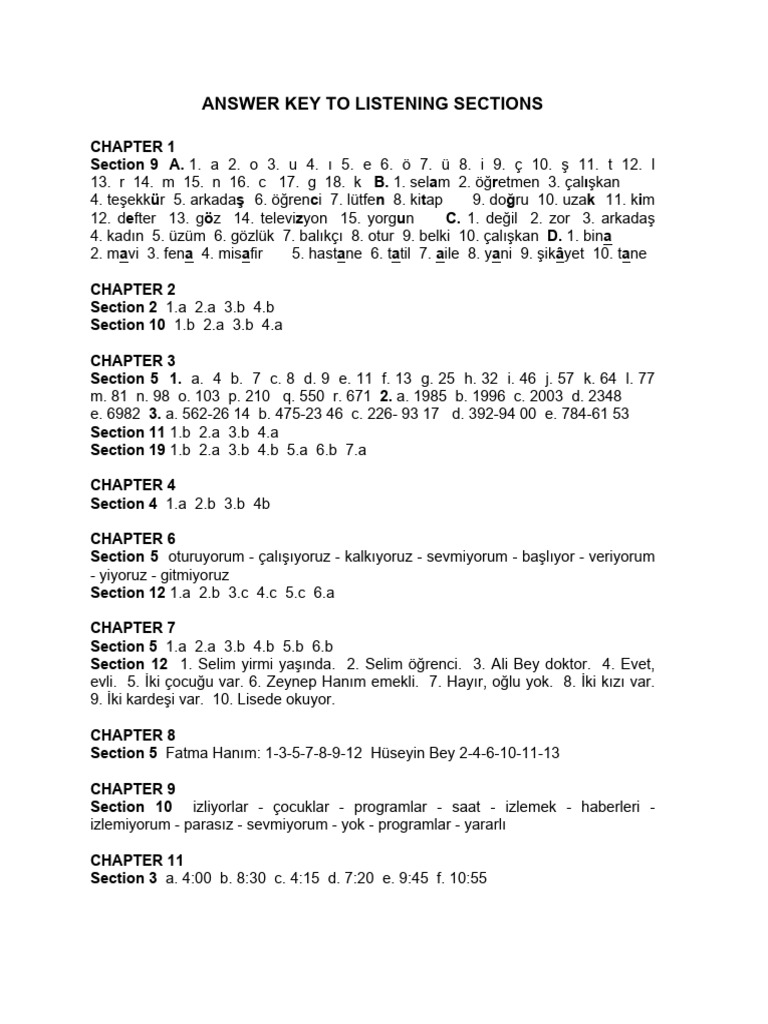 Elementary Turkish Answer Keys | PDF