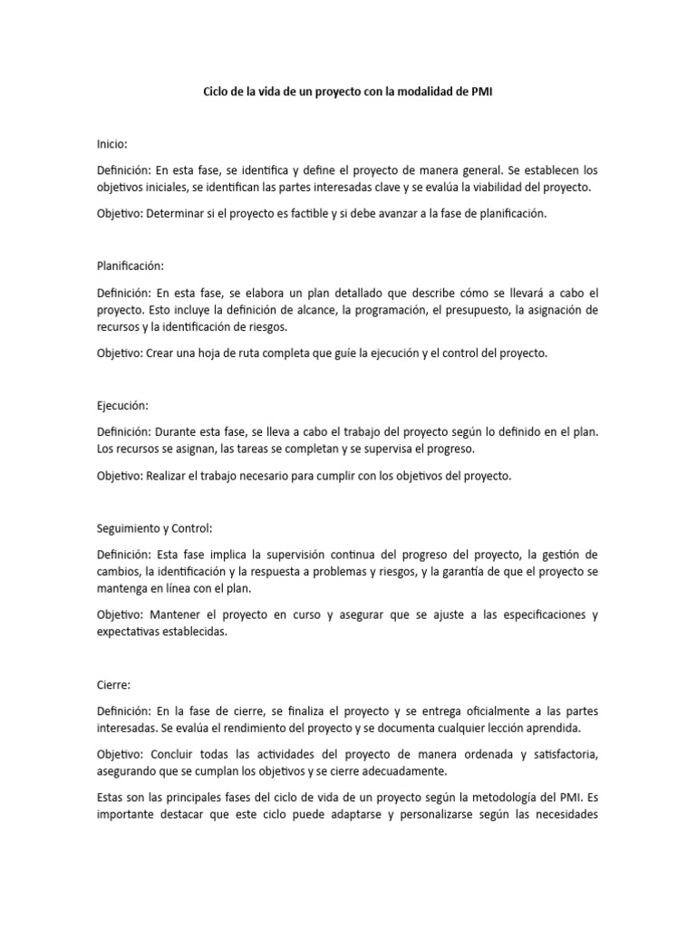 Ciclo De La Vida De Un Proyecto Con La Modalidad De Pmi Pdf