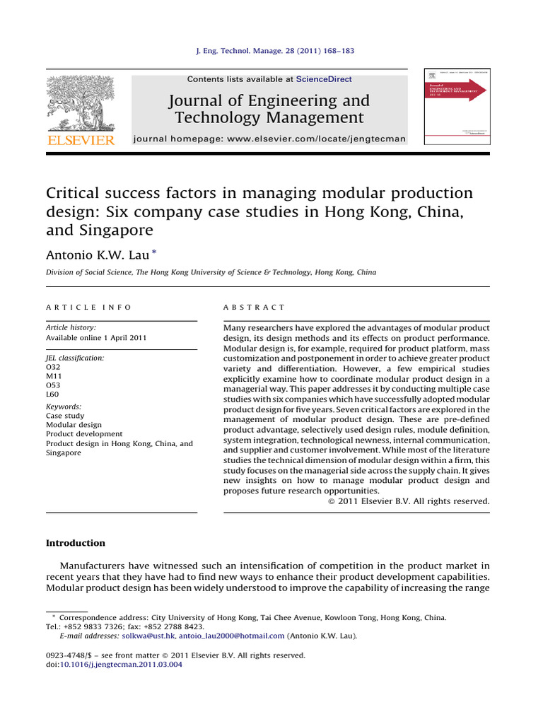 Critical Success Factors in Managing Modular Production Design Six ...