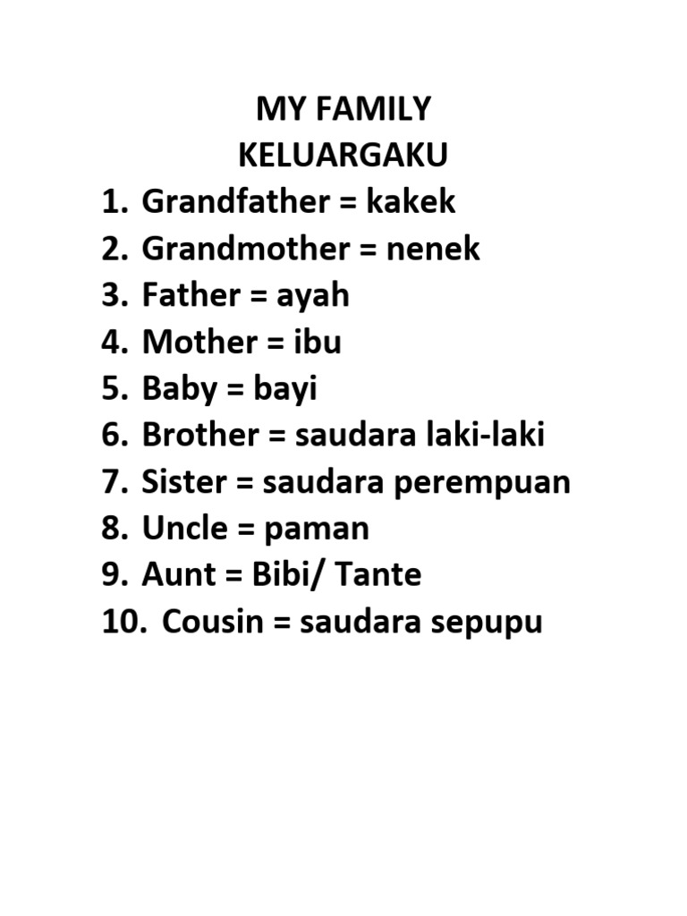 Family Vocabulary in Indonesian | PDF | Cooking, Food & Wine | Home ...