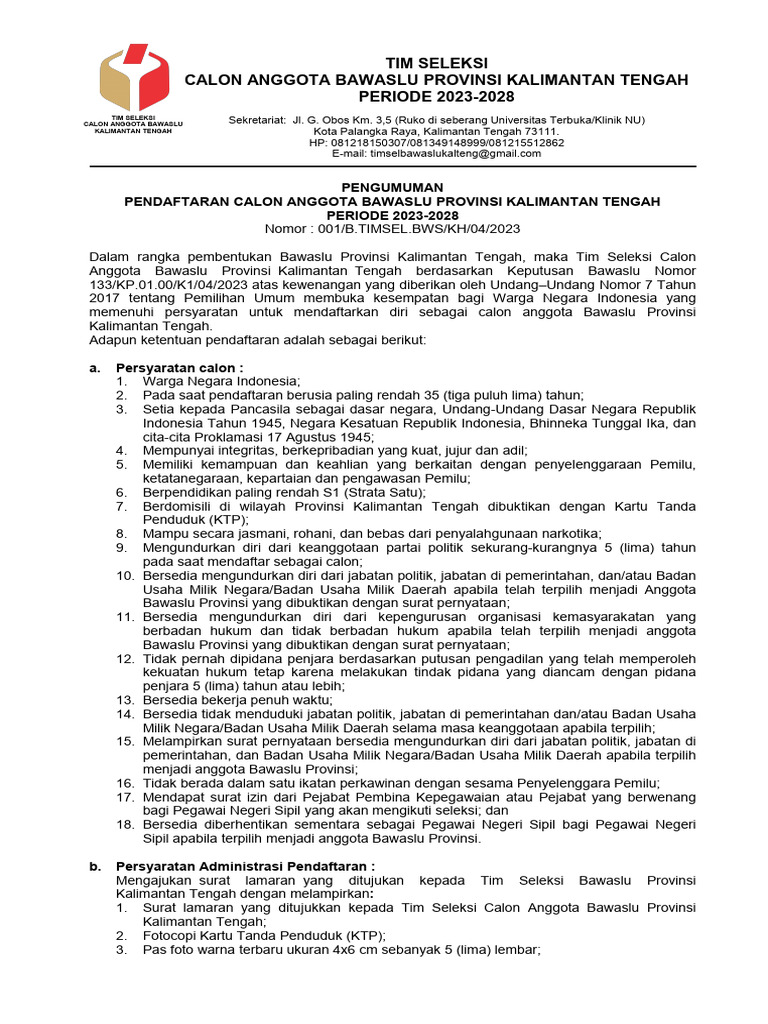 Syarat Pendaftaran Bawaslu Kalteng | PDF | Hukum