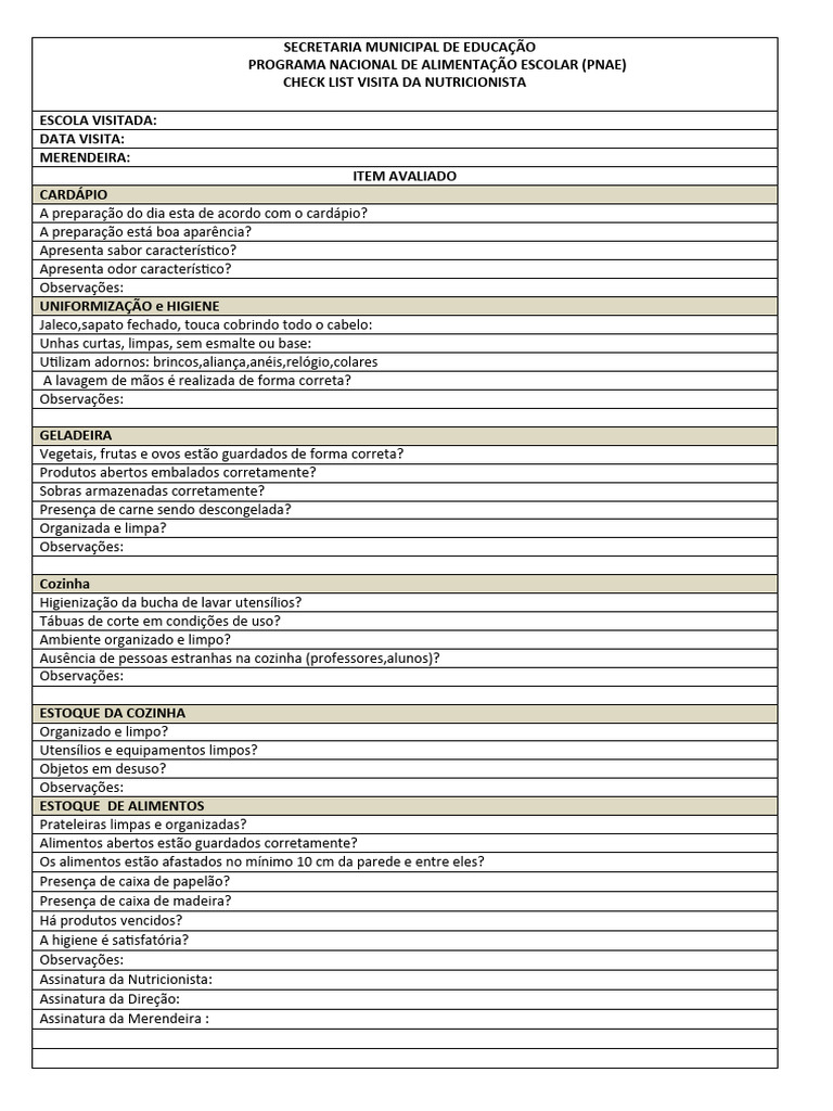 Check List Na Cozinha para Pnae | PDF