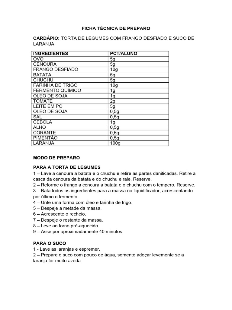 Ficha Técnica de Preparo Torta Leg Frango | PDF