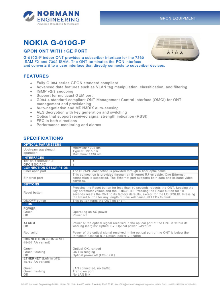 NOKIA G-010G-P: Gpon Ont With 1ge Port | PDF | Computing | Internet ...