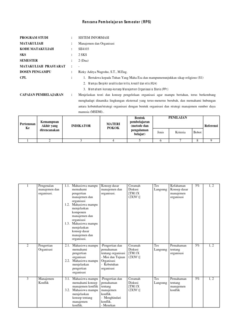 RPS Manajemen Dan Organisasi | PDF