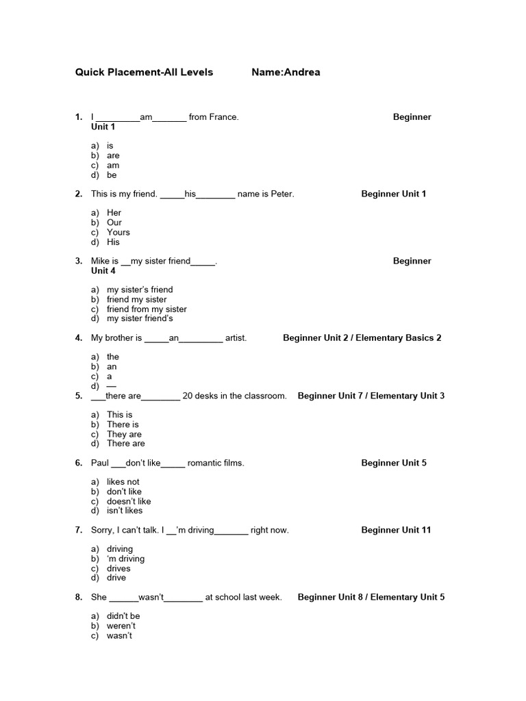 Quick Placement Test | PDF | Home & Garden