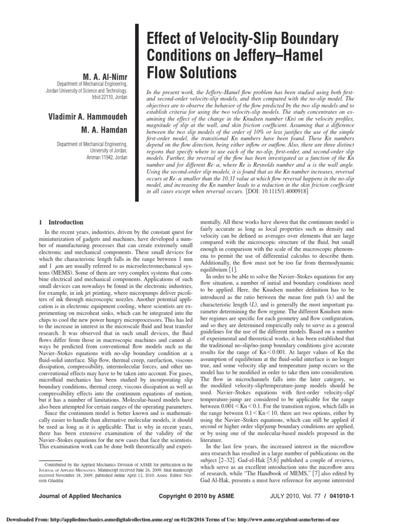 Al Nimr2010 (Jeffery Hamel Slip Flow) | PDF | Fluid Mechanics | Reynolds Number