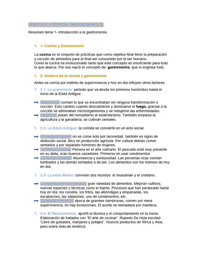 Resumen Tema 1 - Introducción A La Gastronomía. | PDF | Gastronomía ...