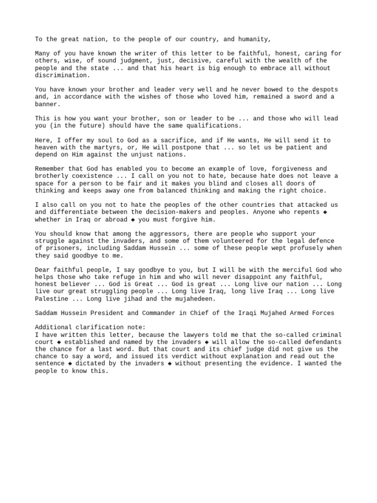 Saddam Hussein's Letter To His People | PDF | Saddam Hussein