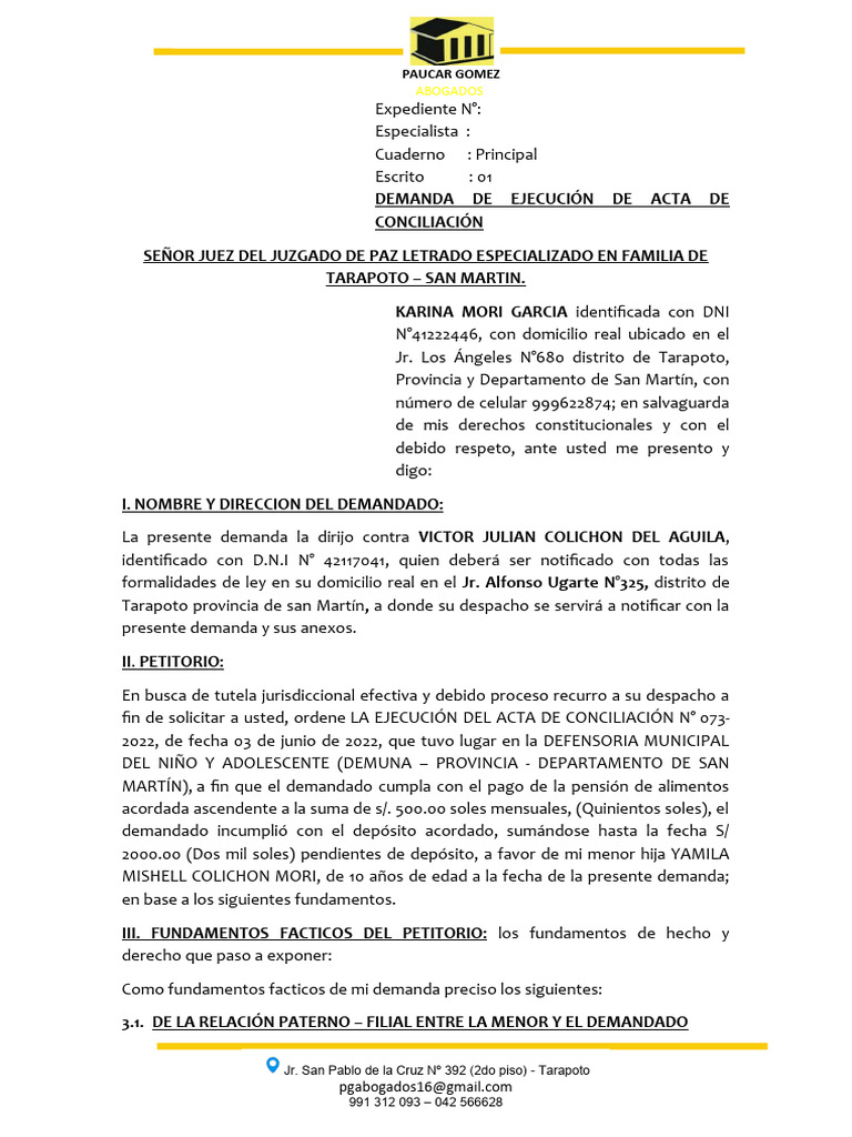 Demanda de Acta de Ejecucion de Acta de Conciliacion | PDF | Demanda ... Demanda de Acta de Ejecucion de Acta de Conciliacion | PDF | Demanda ...