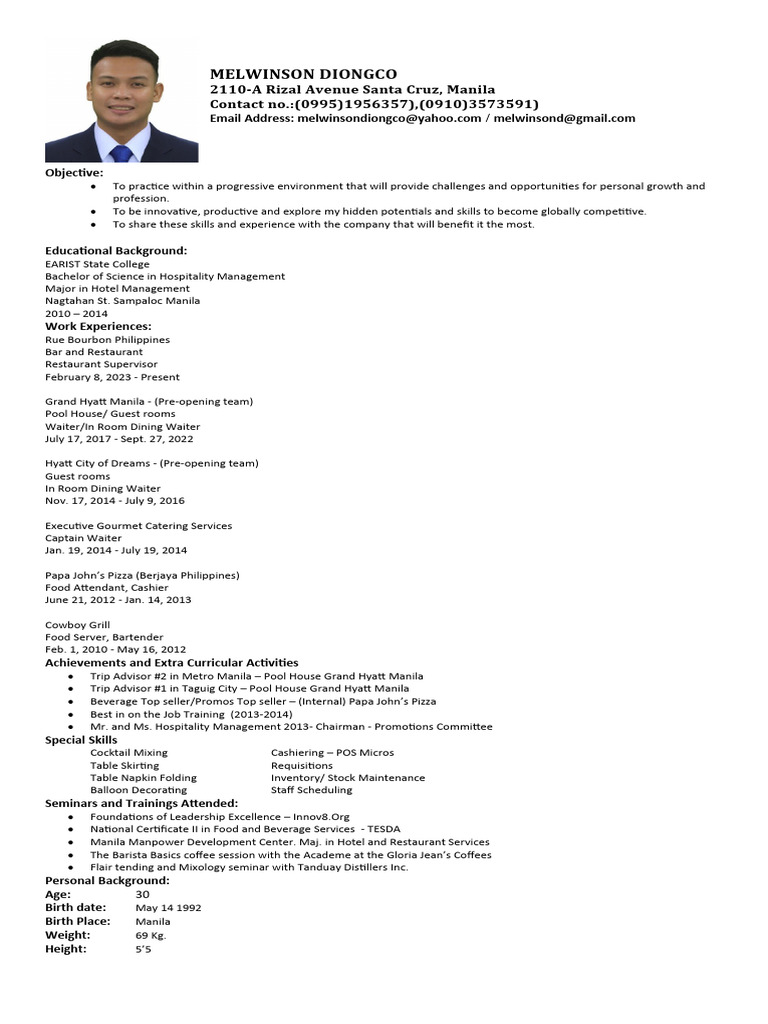CV Melwinson Diongco Legal Size | PDF | Waiting Staff | Bartender