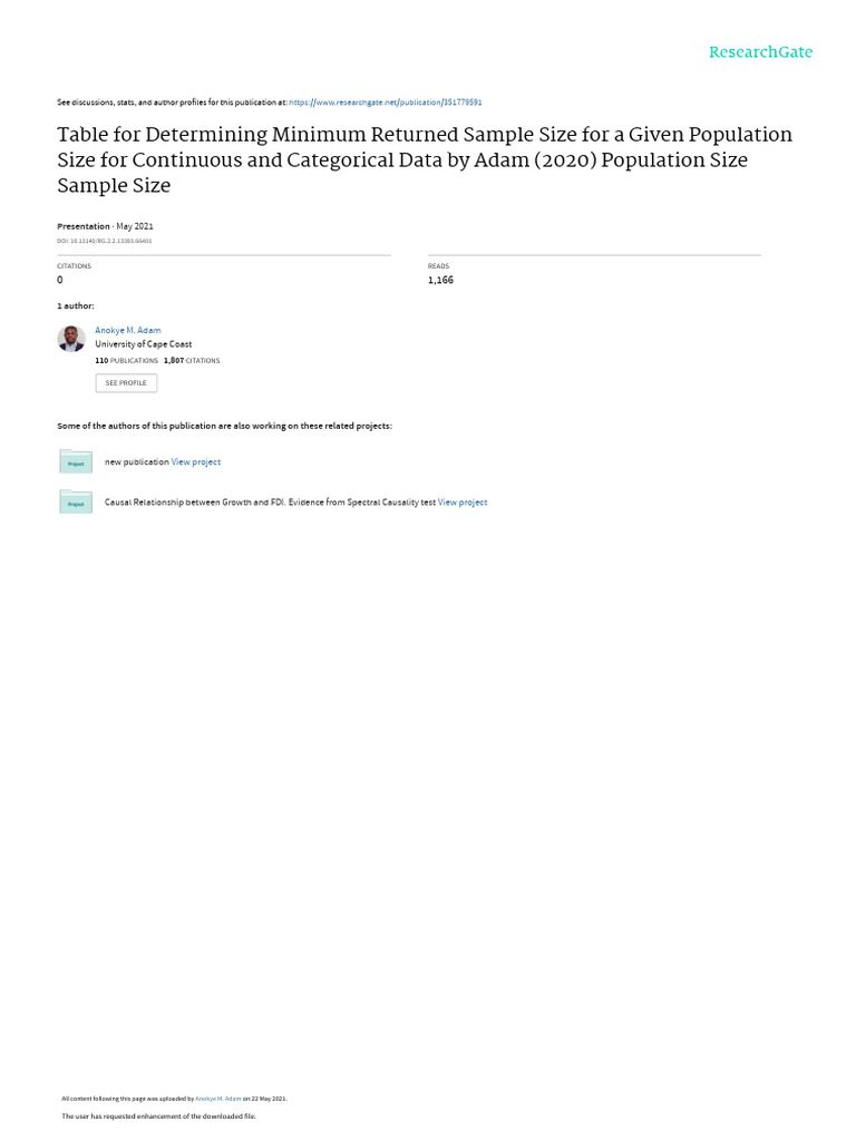 Tablefor Determining Minimum Returned Sample Sizefora Given Population Sizefor Continuousand ...
