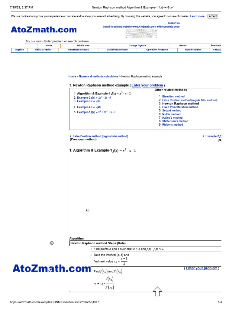 Newton Raphson Method Algorithm And Example 1 F X X 3 X 1 Pdf Mathematical Relations