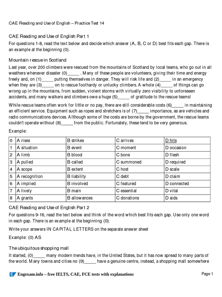 CAE Reading and Use of English Practice Test 14 Printable | PDF | Blog ...