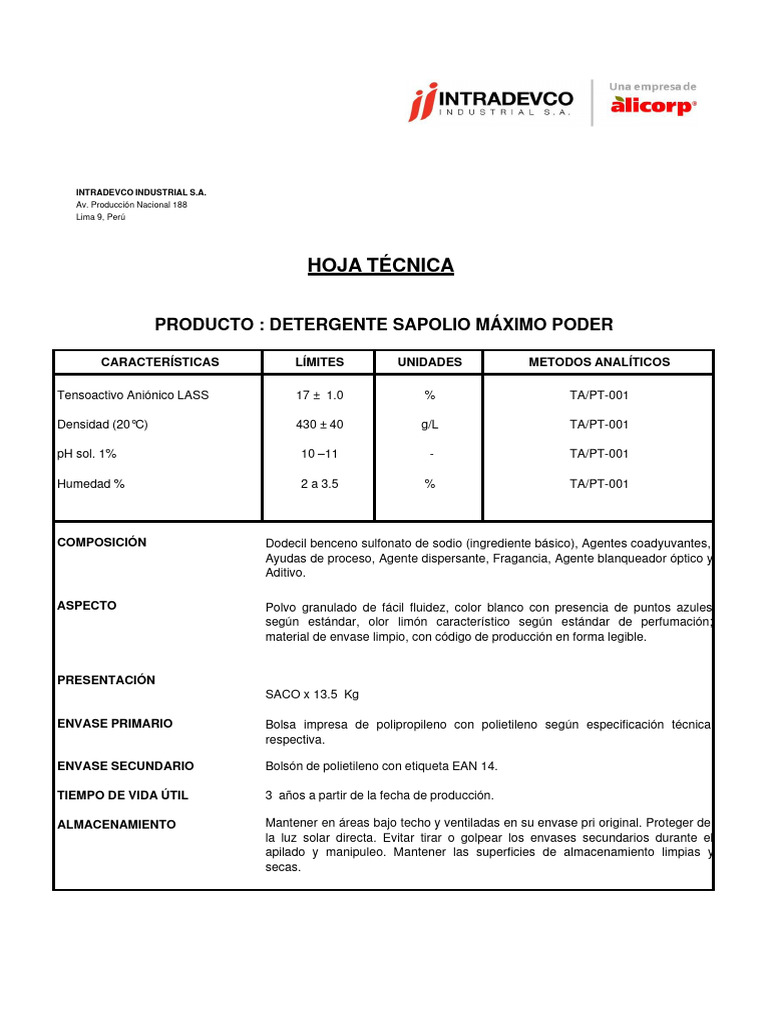 13.5kg HT Detergente Sapolio Maximo Poder | PDF