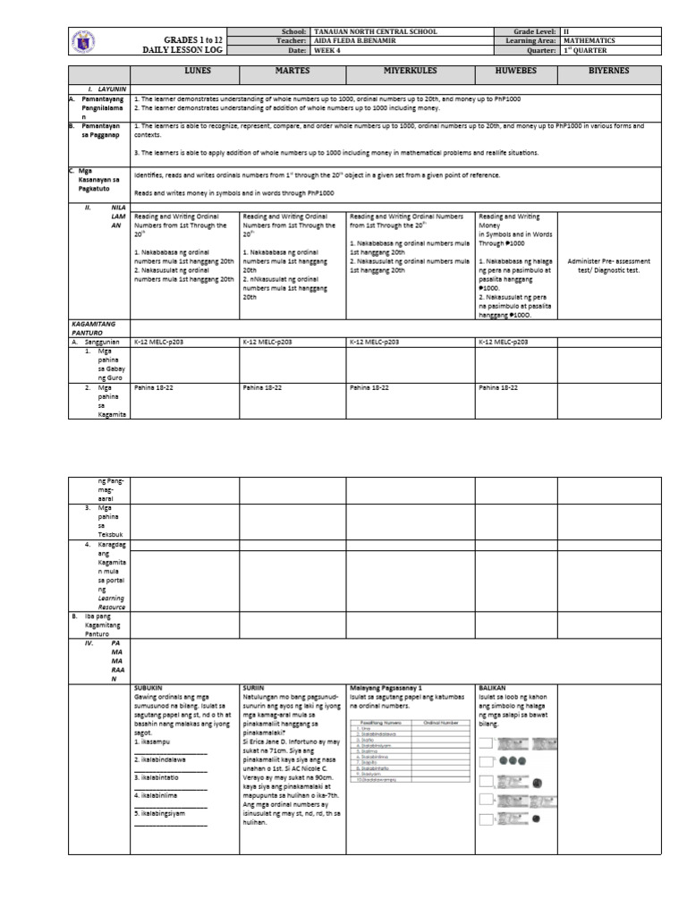 DLL Mathematics-2 Q1 W4 | PDF | Learning | Cognition